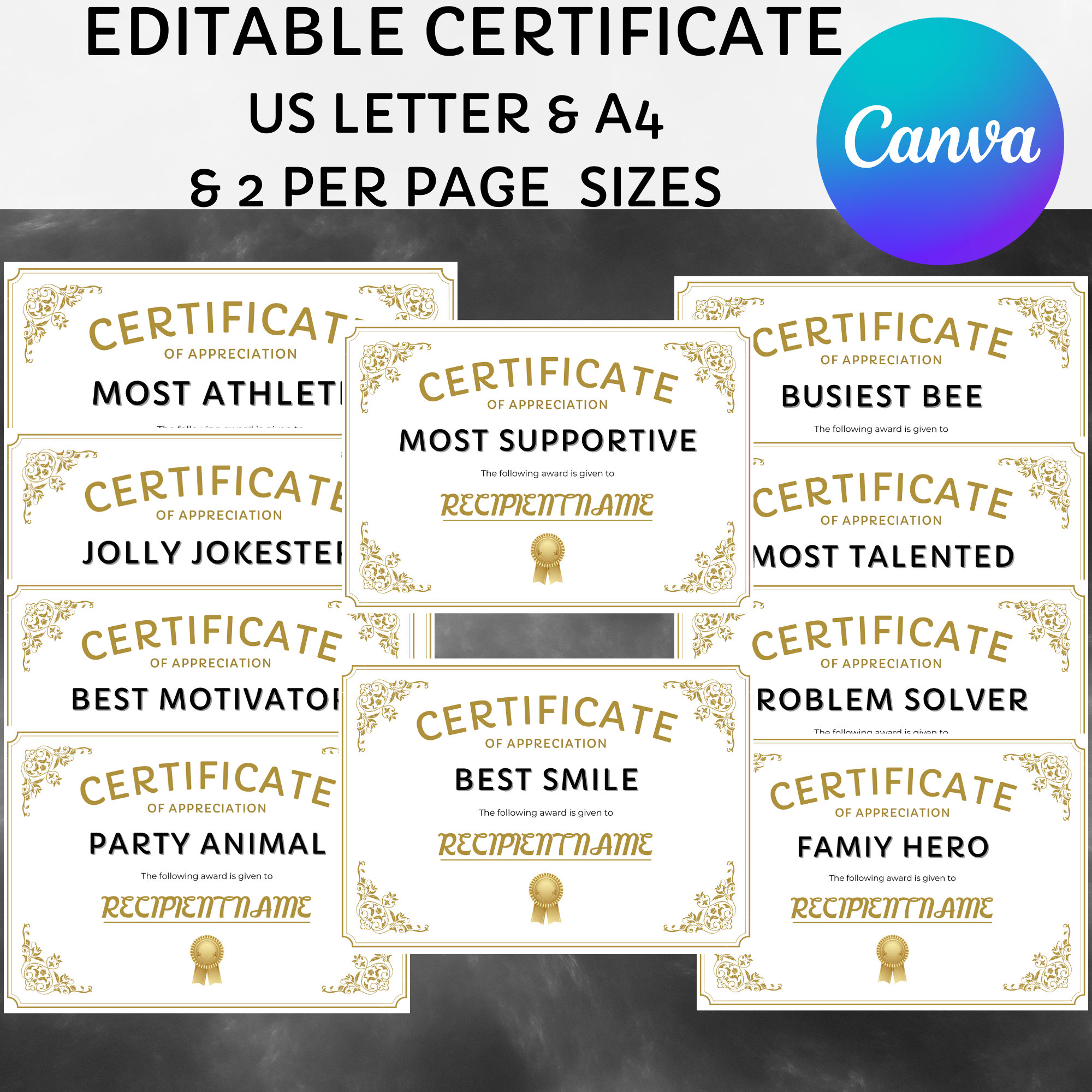 Editable Family Reunion Award Certificates, Gold Design (PDF) - Etsy