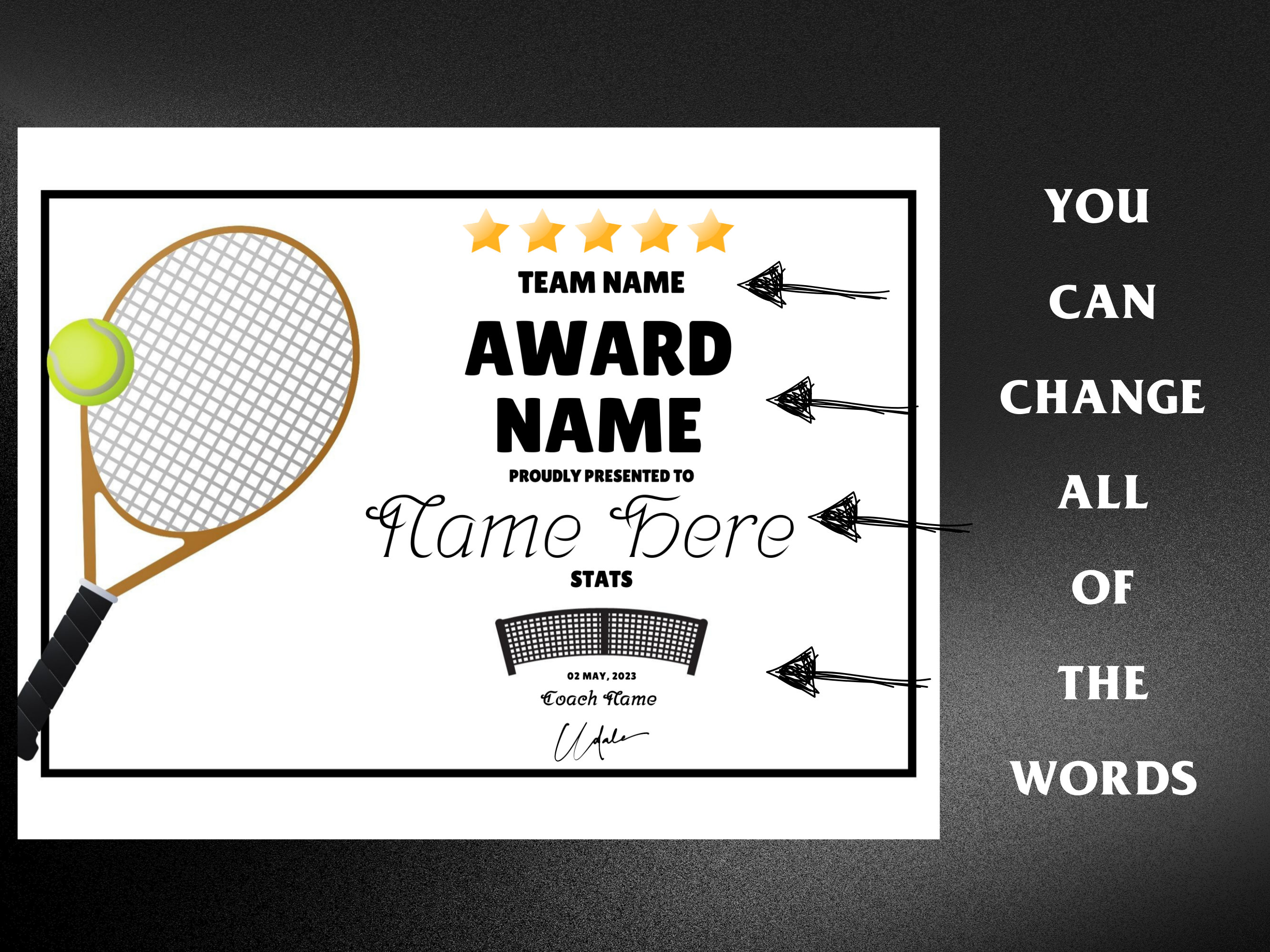 Editable Tennis Award Certificate Template, Customizable Design for ...