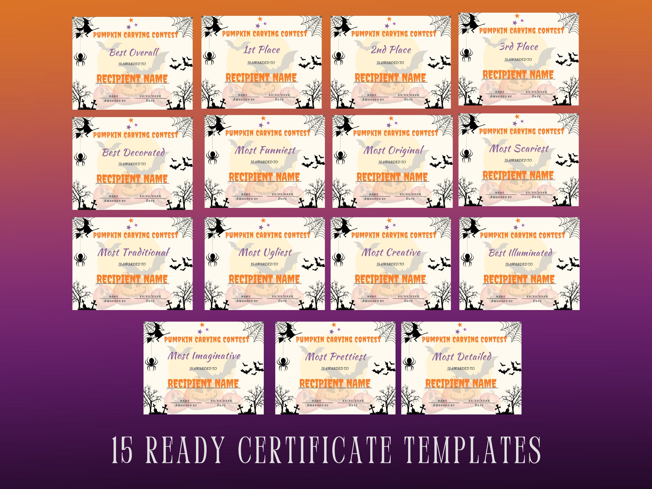 Editable Pumpkin Carving Contest Award Certificate Template, Halloween ...