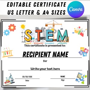 STEM Certificate Editable Canva Template, Printable Kids Award ...