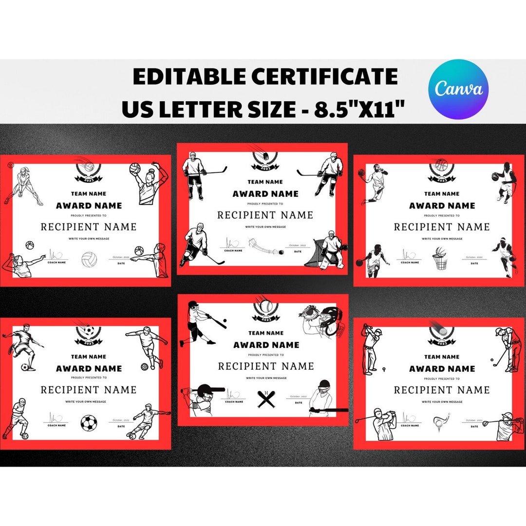 Editable Sports Award Certificate Template, Team Player Recognition ...
