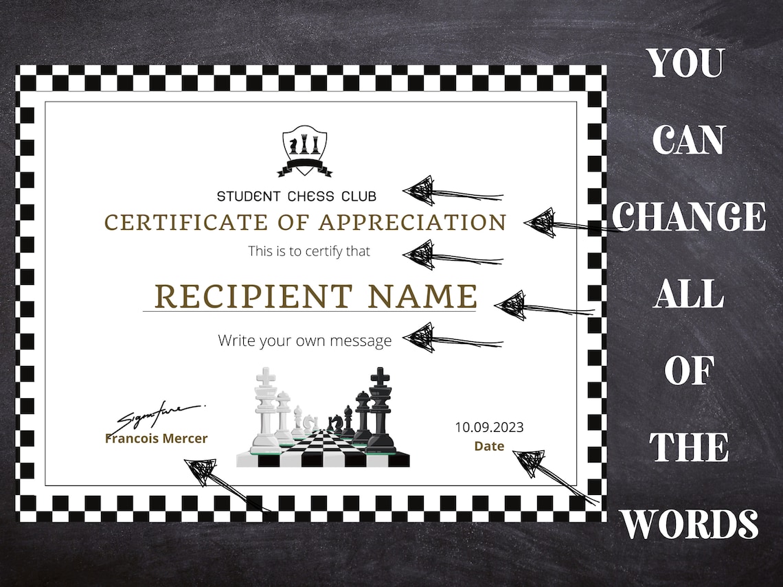 Editable Chess Tournament Award Certificate, Chess Appreciation ...