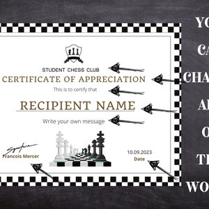 Editable Chess Tournament Award Certificate, Appreciation Template (PDF ...