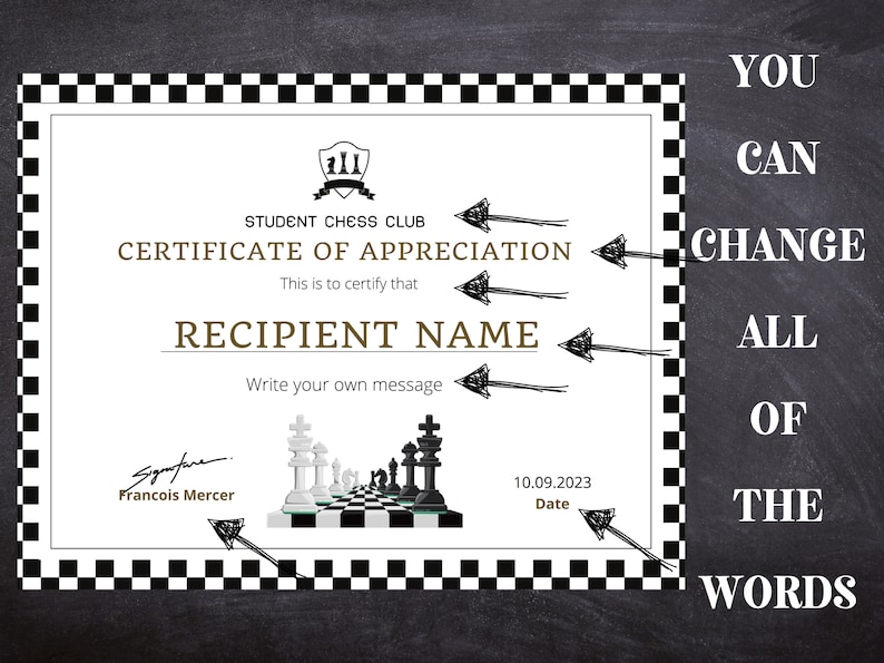 Editable Chess Tournament Award Certificate, Chess Appreciation ...