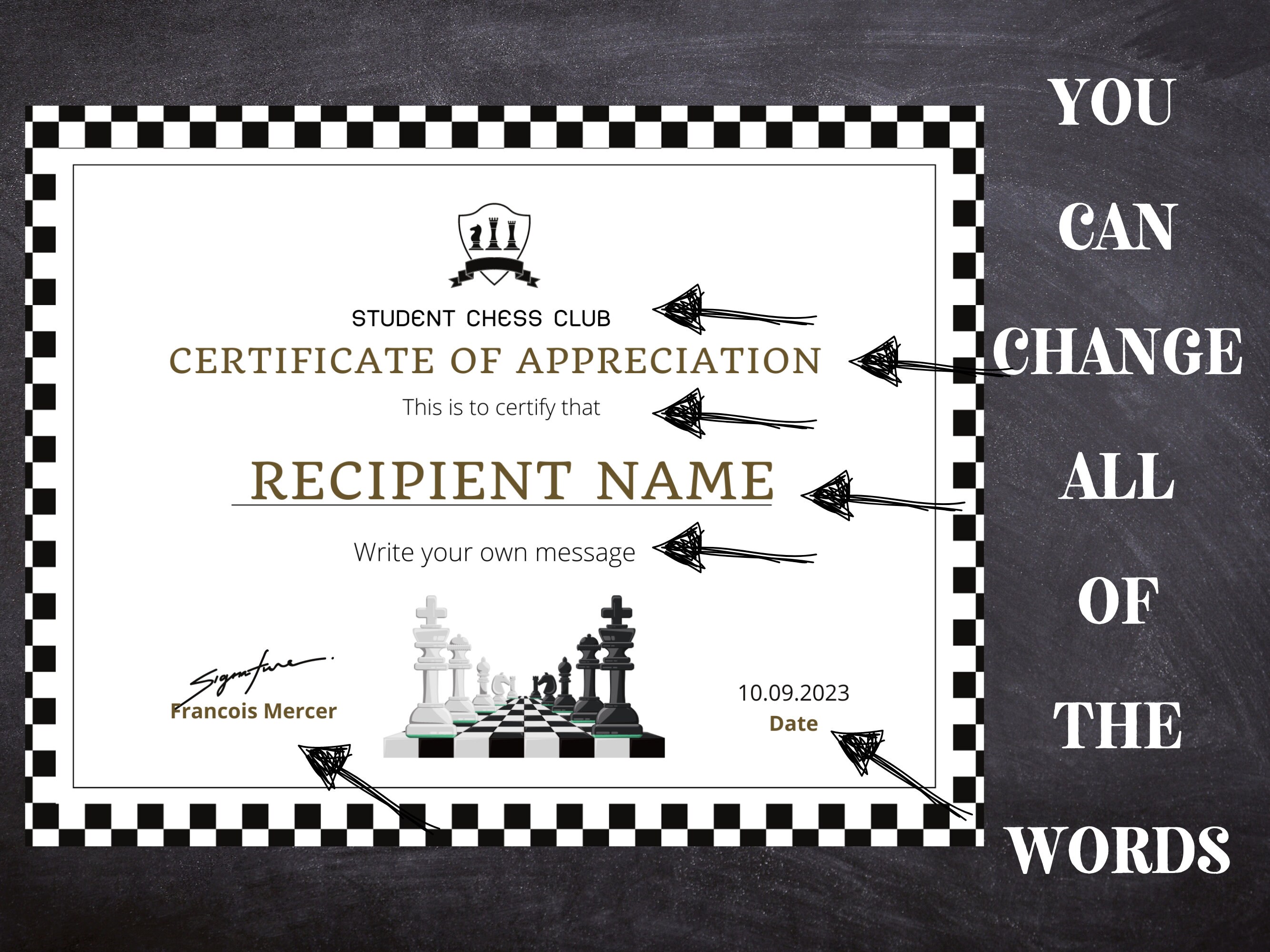 Editable Chess Tournament Award Certificate, Chess Appreciation ...