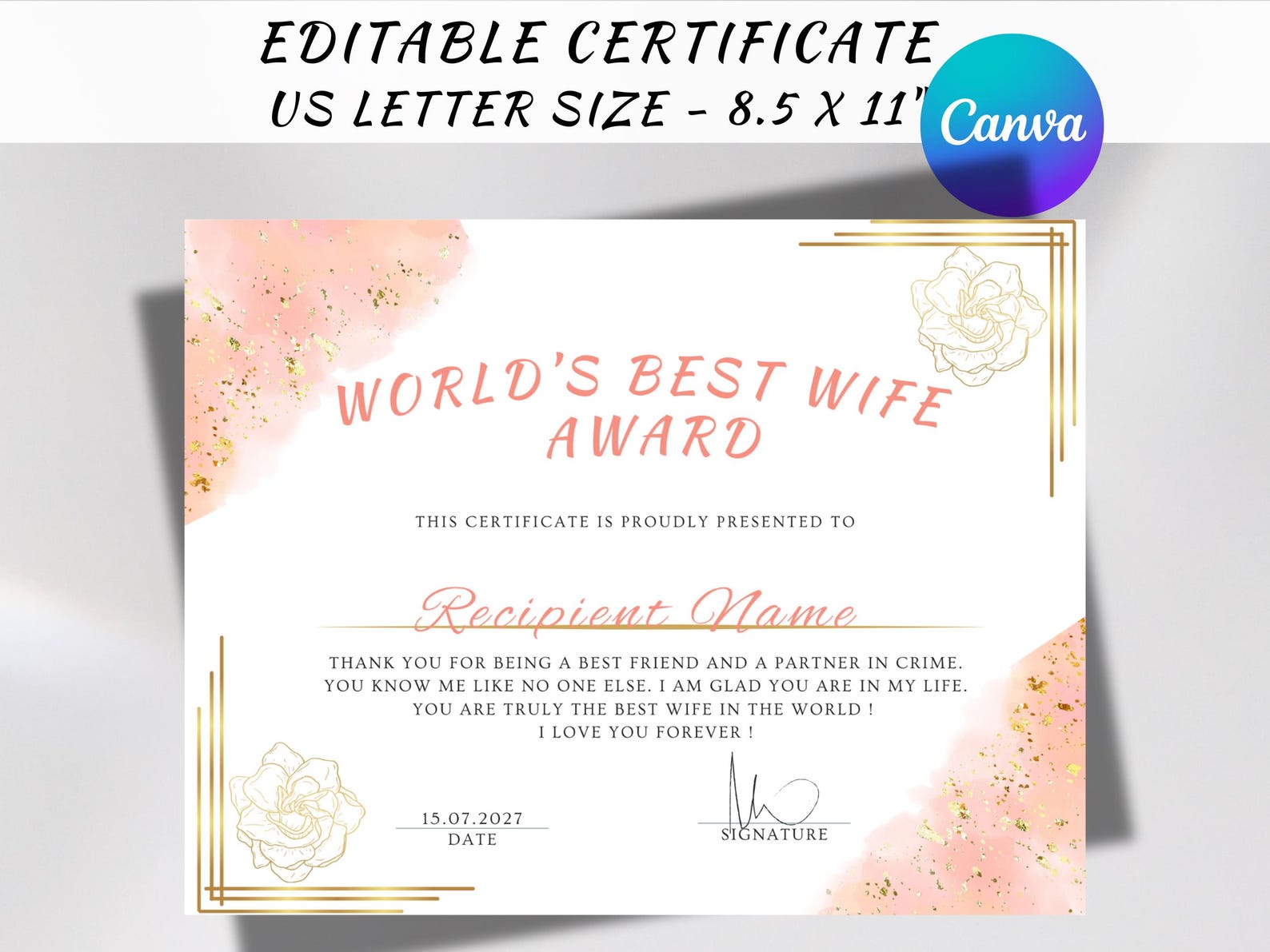 Editable World's Best Wife Certificate, Appreciation Award Template, Valentines Day Anniversary ...