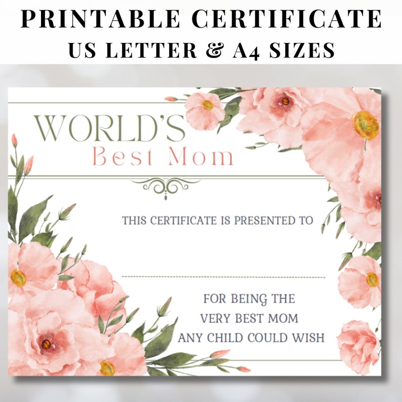 Worlds Best Mom Certificate With Pink Flowers, Printable Best Mom Award ...