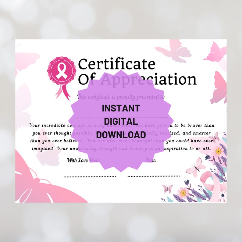 Breast Cancer Fighter Appreciation Certificate Printable, Cancer Free ...