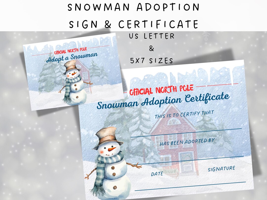 Snowman Adoption Certificate & Sign, Adopt a Snowman, Christmas Holiday ...