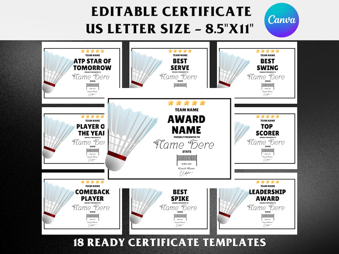 Badminton Player Award Certificate Editable Template, Printable Sports Participation Recognition ...