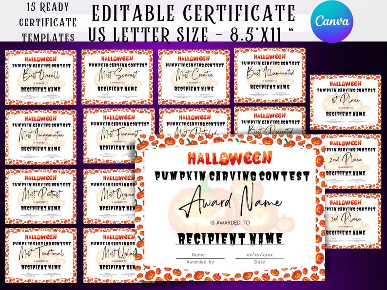 Editable Pumpkin Carving Contest Award Certificate Template, Halloween ...
