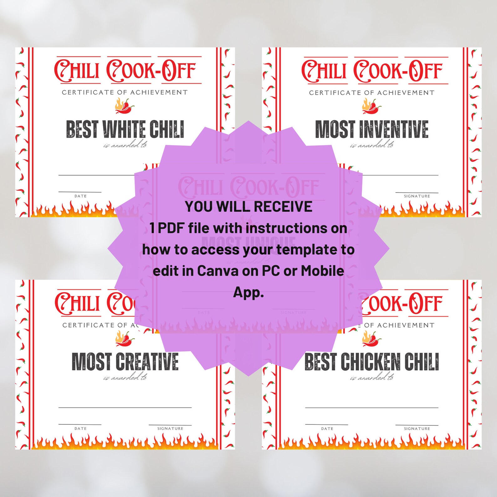 Editable Chili Cook off Award Certificate Template (digital Download ...