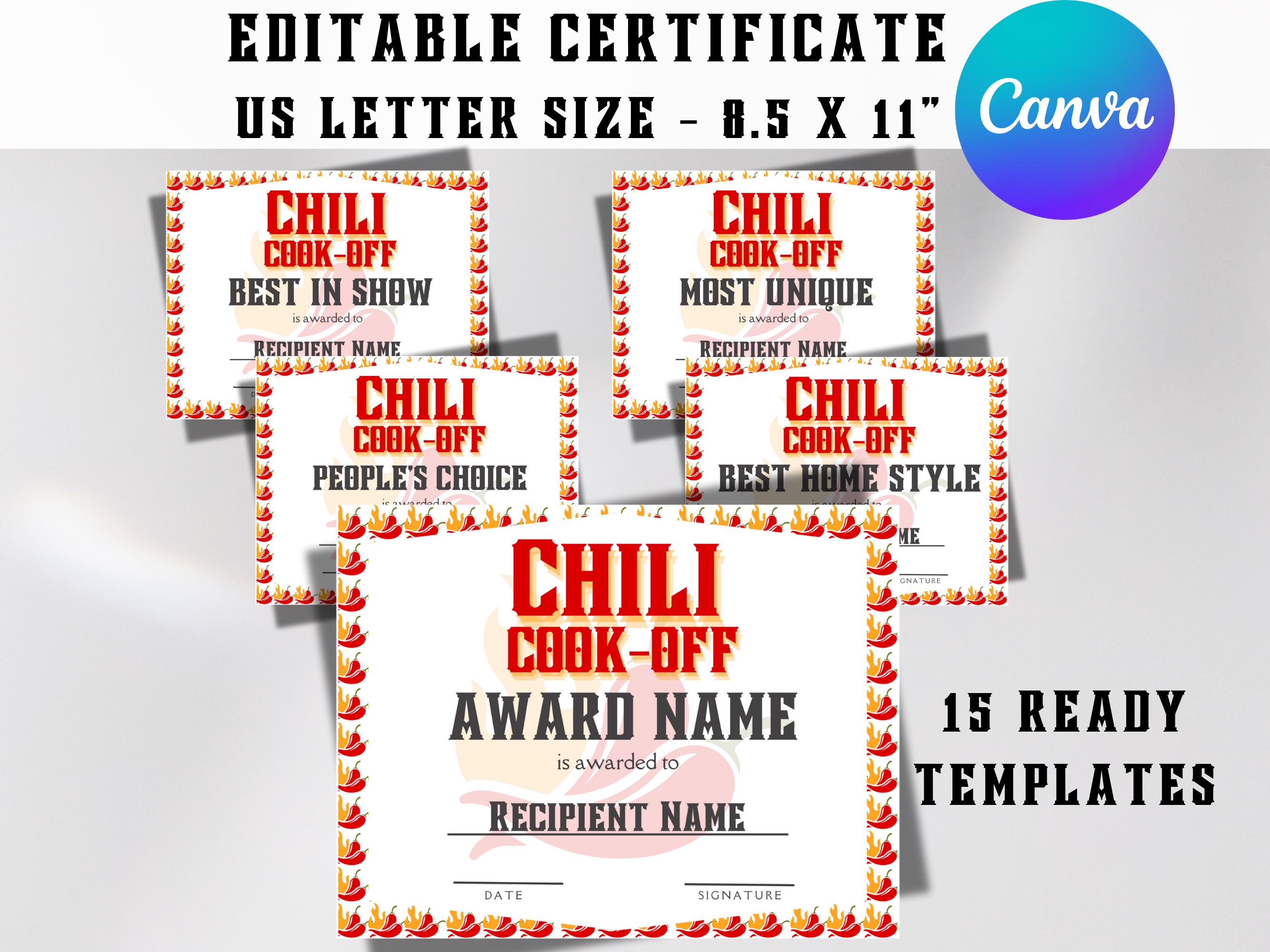 Editable Chili Cook off Award Certificate Template, Chili Contest ...