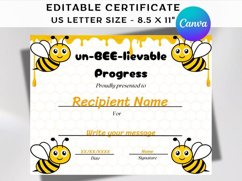 Unbeelievable Progress Award Certificate Editable Template, Celebrate ...