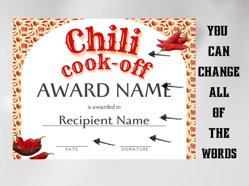 Editable Chili Cook off Award Certificate Template, Chili Contest ...