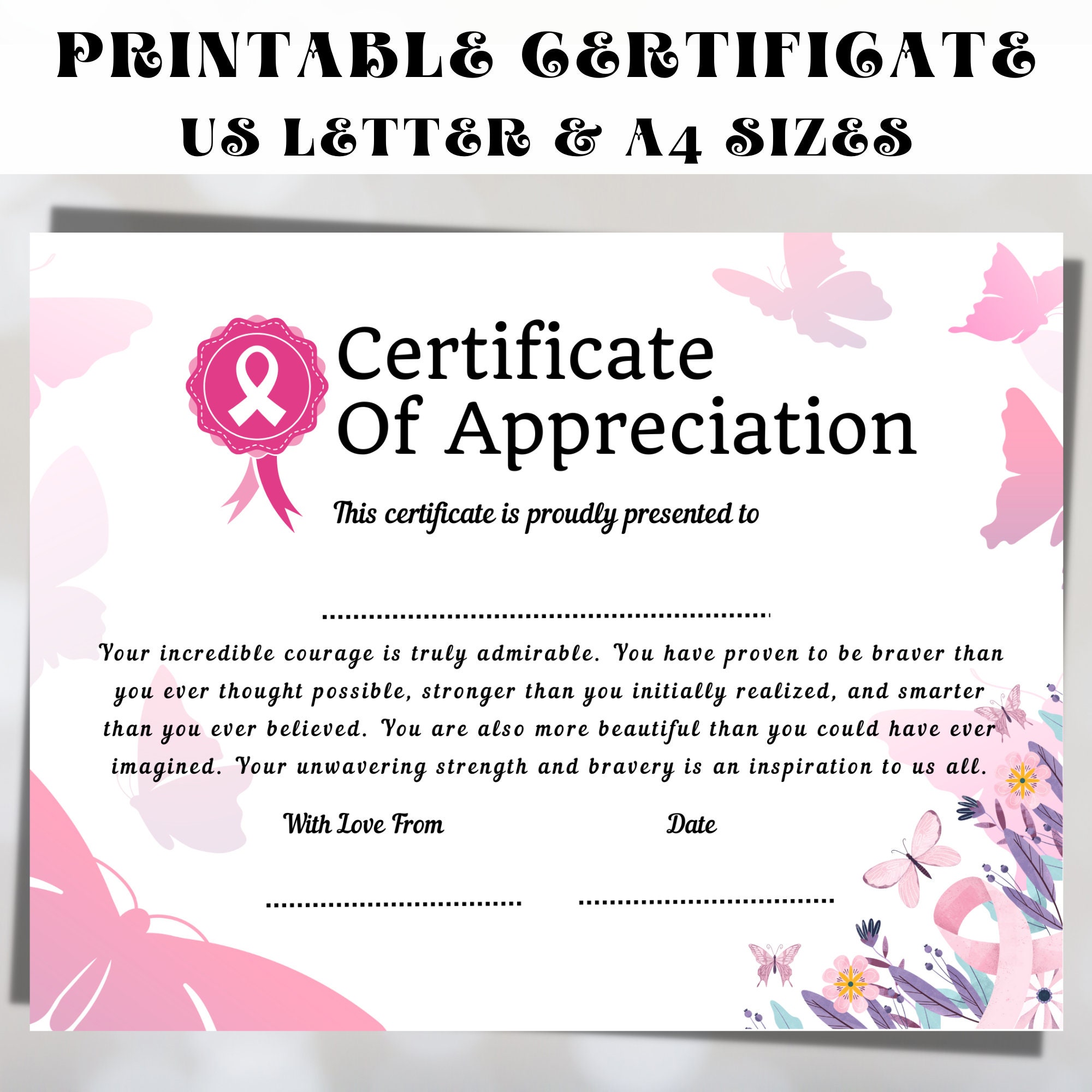 Breast Cancer Fighter Appreciation Certificate Printable, Cancer Free Celebration Party , Cancer ...
