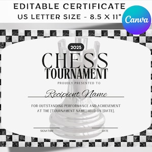 Editable Chess Tournament Award Certificate (PDF) - Etsy