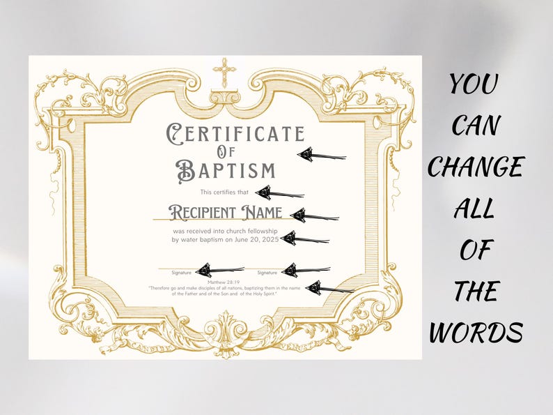 Editable Vintage Baptism Certificate Template, Gold Frame Baptism ...