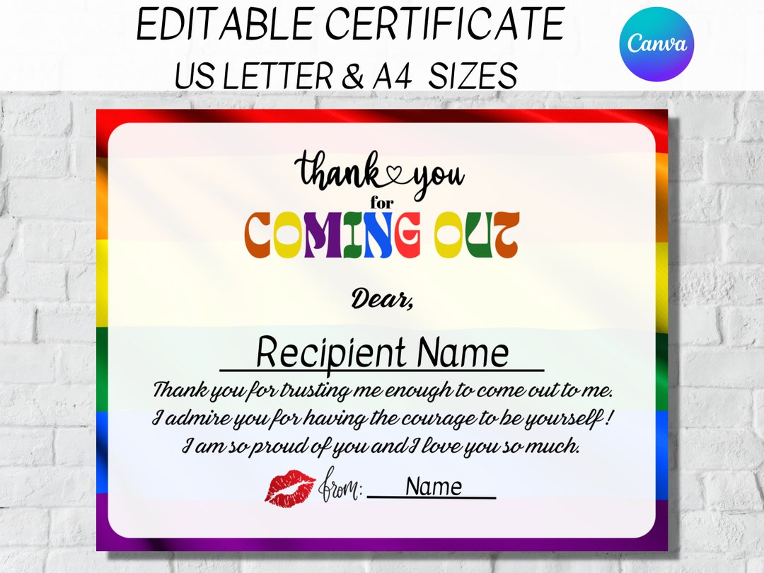 Editable LGBTQ+ Certificate, Thank You for Coming Out, Gay Pride Coming ...