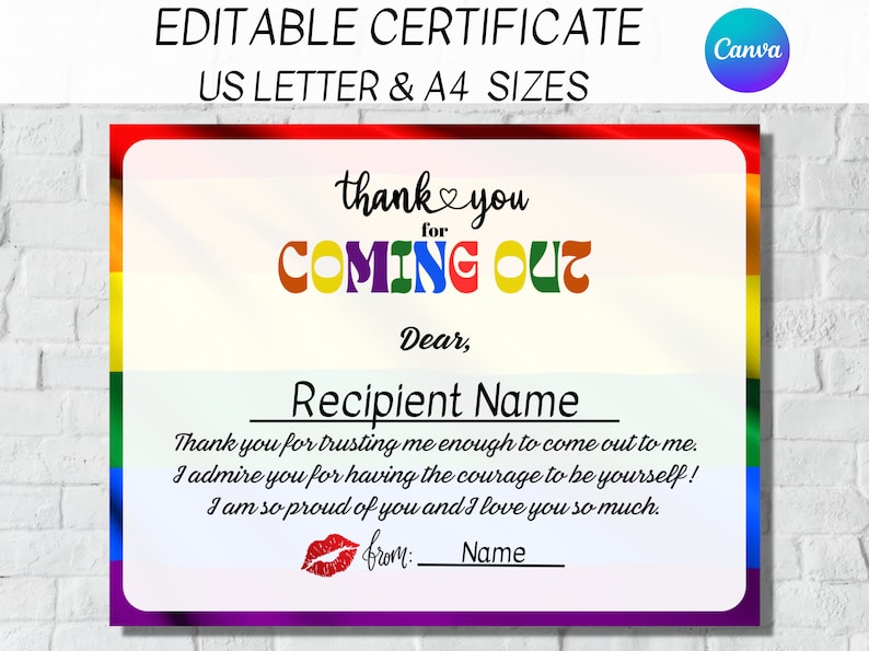 Editable LGBTQ+ Certificate, Thank You for Coming Out, Gay Pride Coming ...