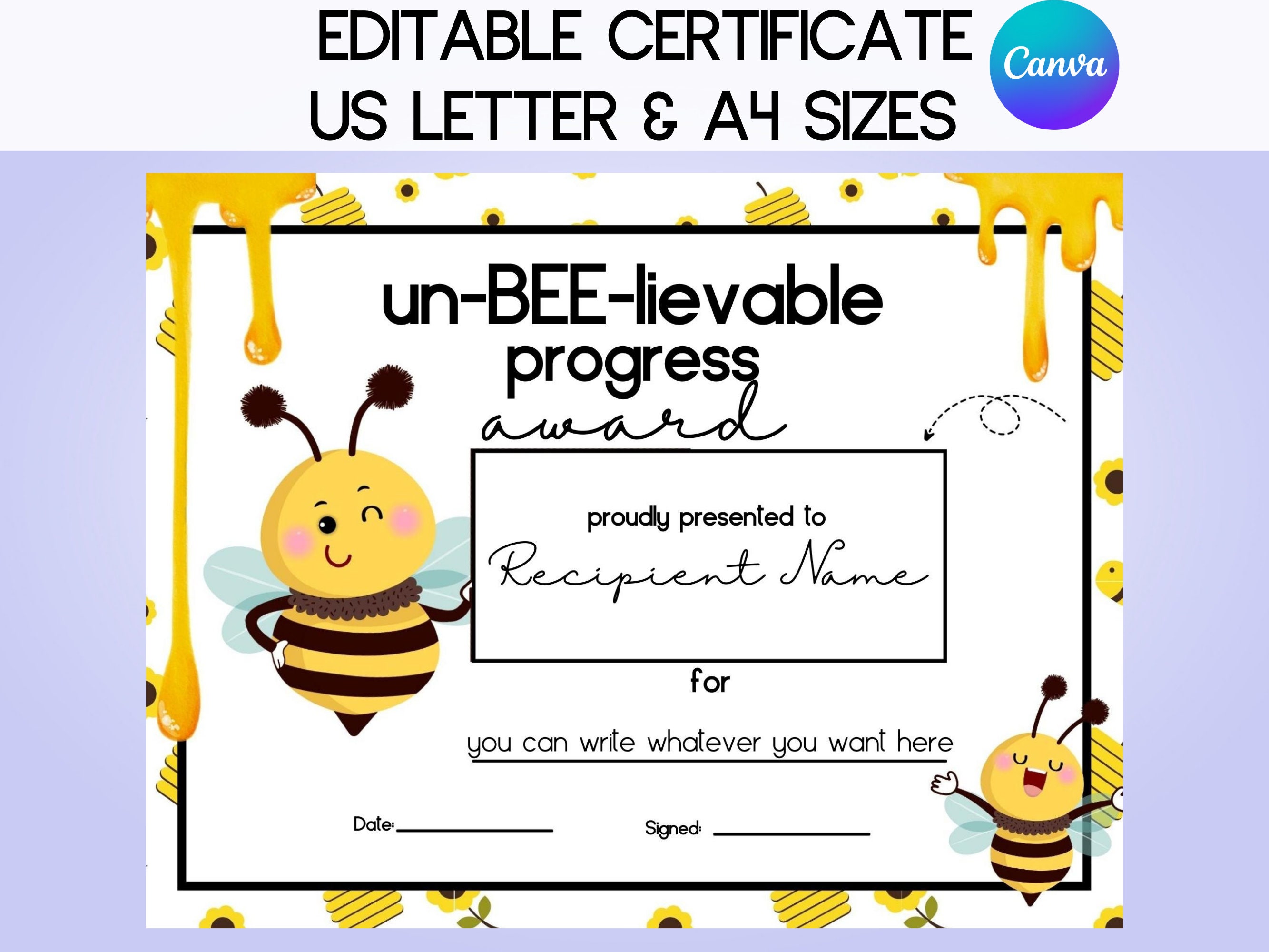 Unbeelievable Progress Award Certificate Editable Template, Celebrate ...