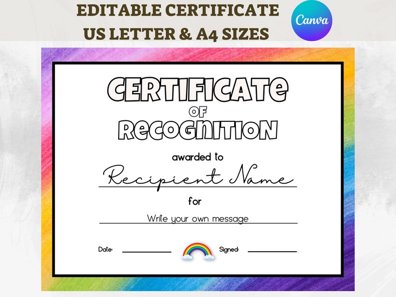 Editable Certificate of Recognition Rainbow Recognize Student - Etsy ...