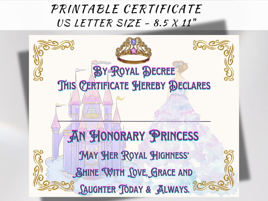 Princess Certificate Printable, Royal Princess Award, Personalize Your ...