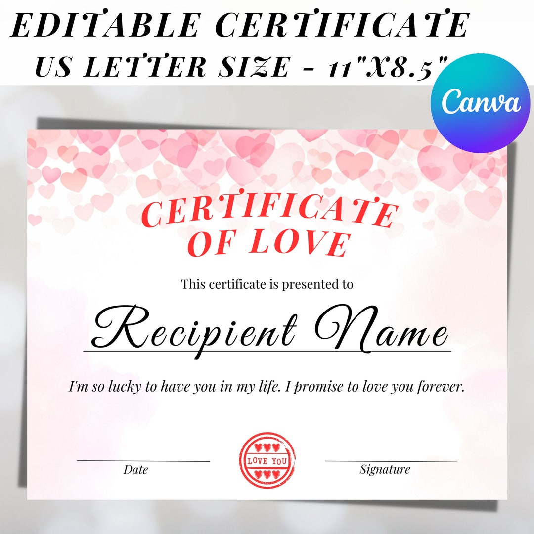 Editable Certificate of Love, Declaration of Love Appreciation Award ...