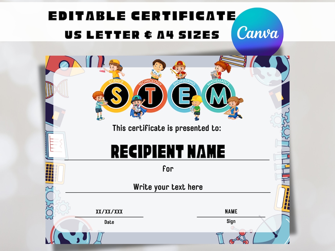 STEM Certificate Editable Canva Template, Printable Kids Award Certificate, Student School ...