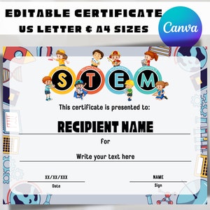 STEM Award Certificate Template, Kids School Appreciation (editable ...