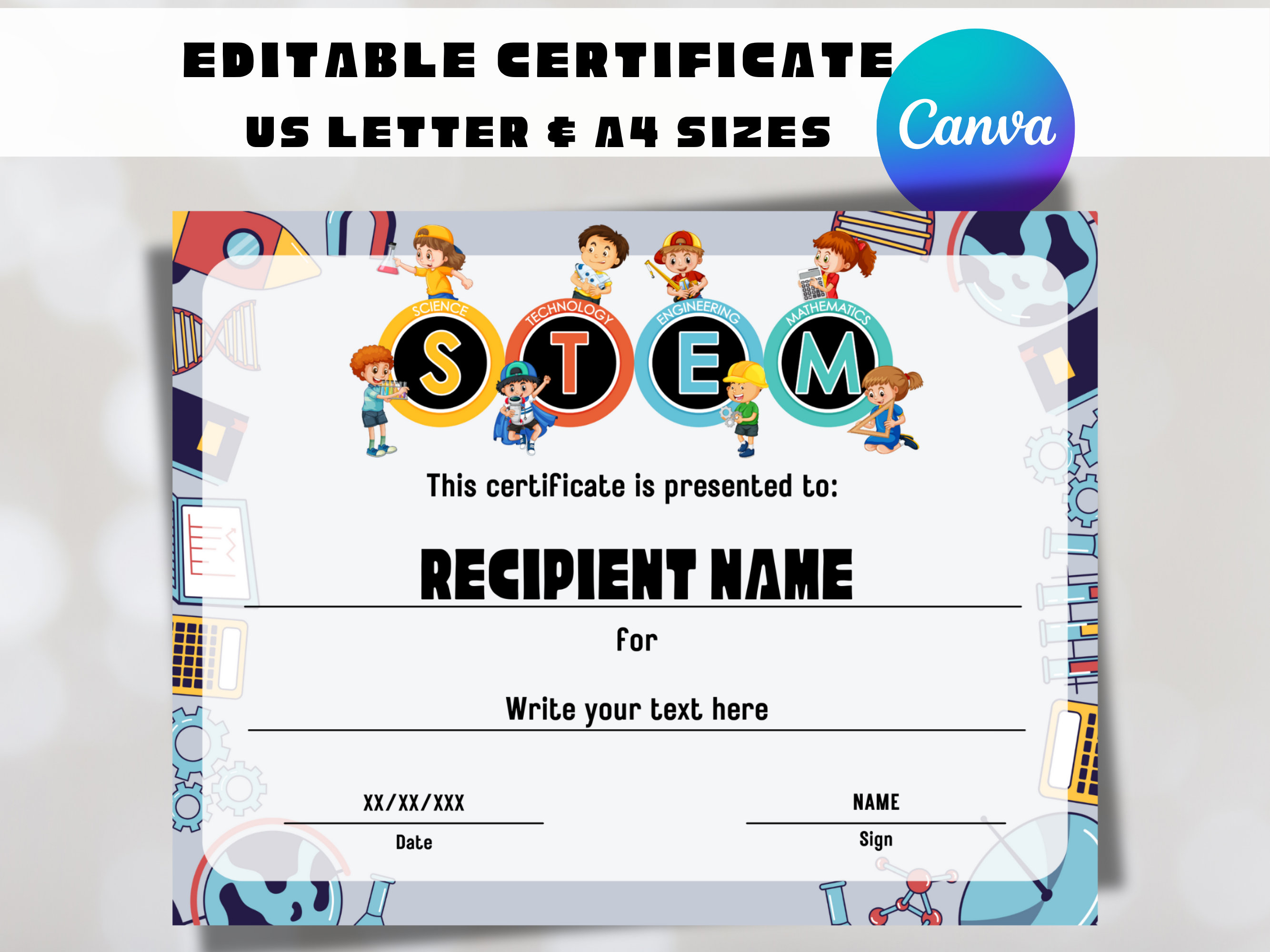 STEM Certificate Editable Canva Template, Printable Kids Award ...