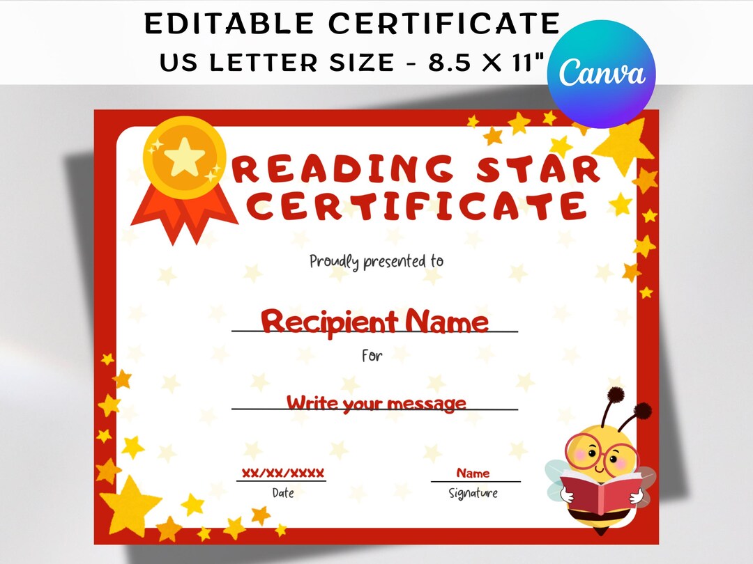 Reading Star Certificate Editable Template, Bookworm Recognition ...