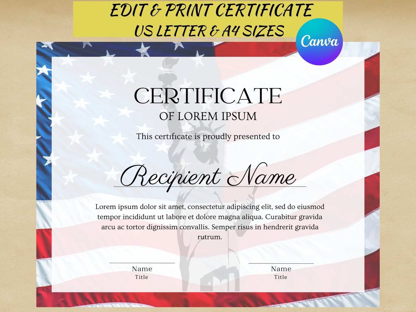 Editable Patriotic Certificate Template, USA, 4th of July (PDF) - Etsy