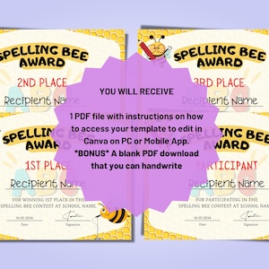 Editable Spelling Bee Certificate Template, School Award (canva ...