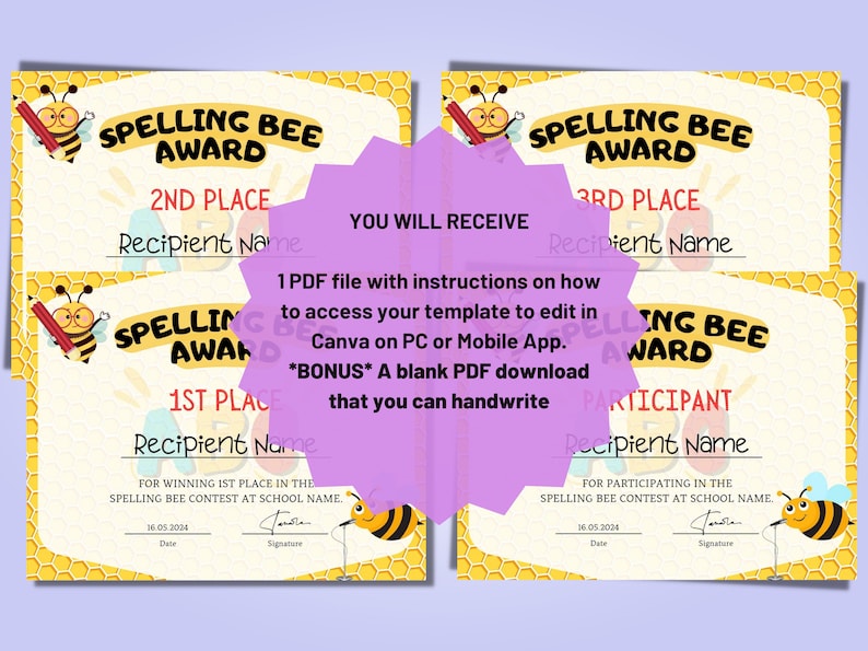 Editable Spelling Bee Certificate Template, Spelling Participant Award ...