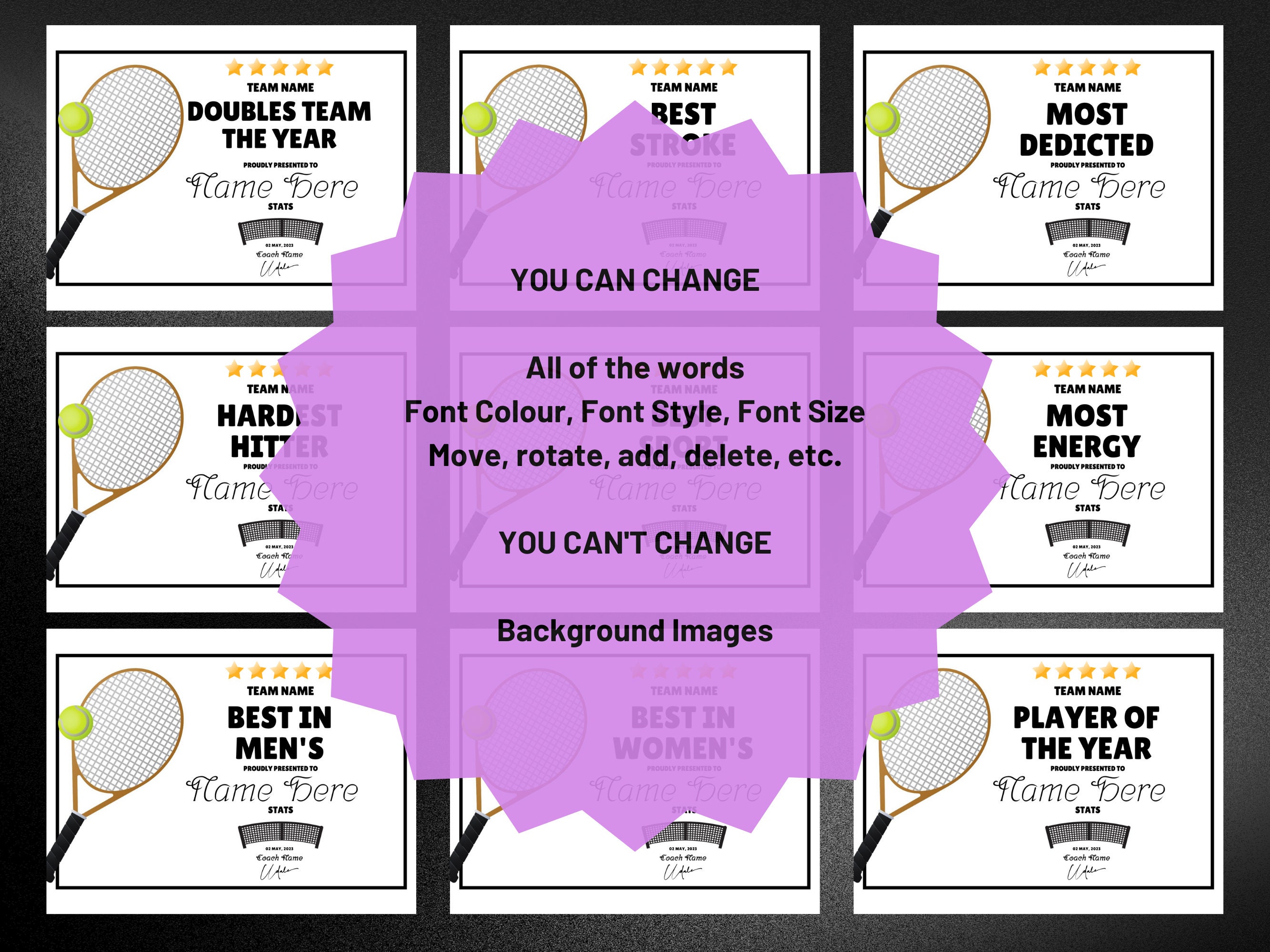 Editable Tennis Award Certificate Template, Customizable Design for ...