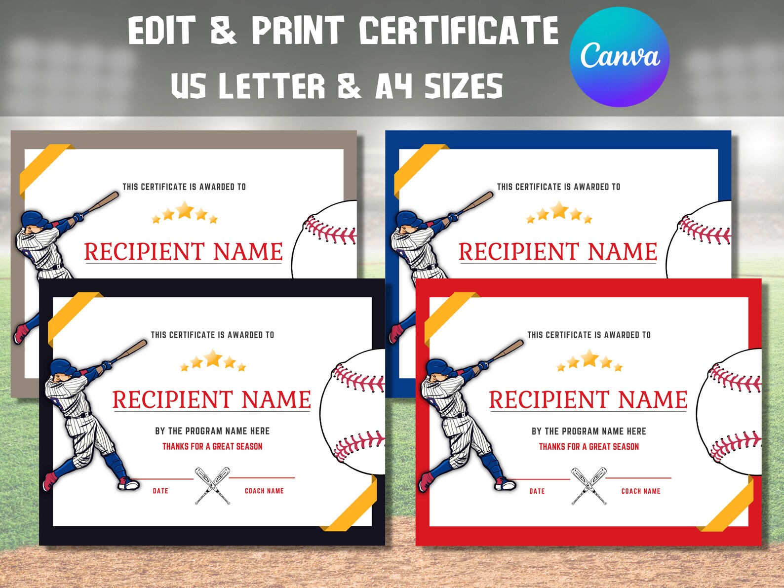 Editable Baseball Award Certificate Template, Team Recognition (digital ...