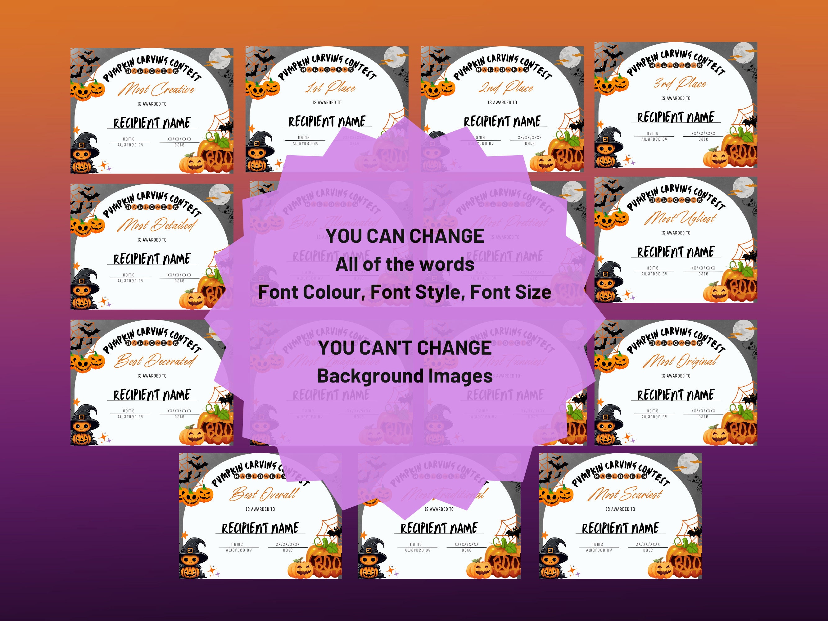 Editable Pumpkin Carving Contest Award Certificate, Halloween (digital ...