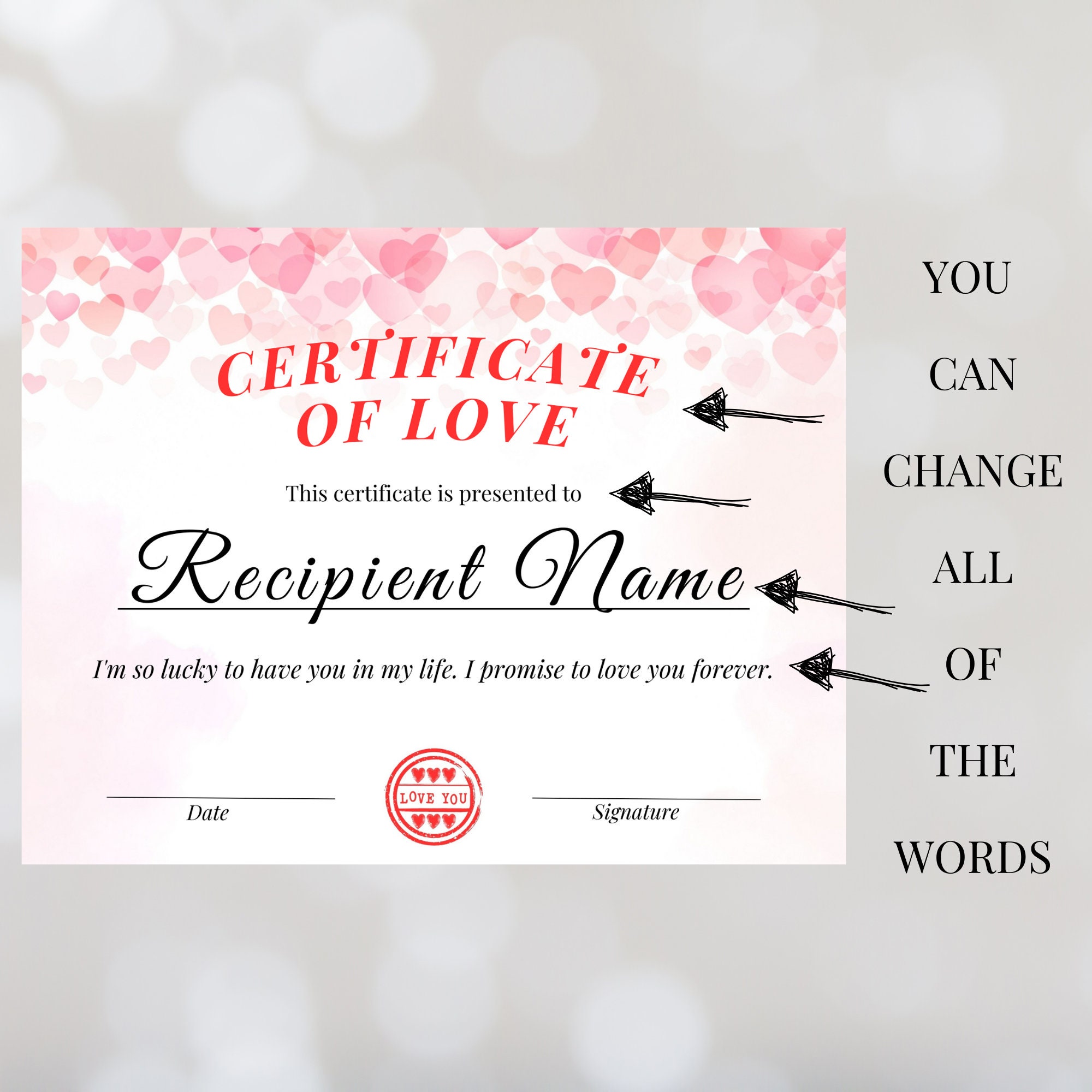Editable Certificate of Love, Declaration of Love Appreciation Award ...