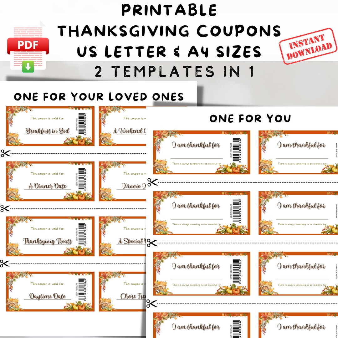 Printable Thanksgiving Coupons, Family Gift Vouchers (digital Download ...
