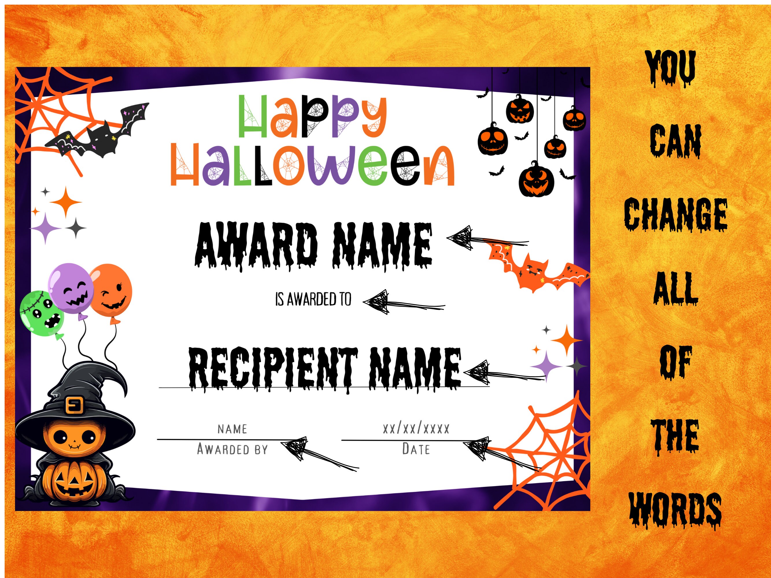 Editable Halloween Costume Award Certificate, Trick or Treat Costume ...