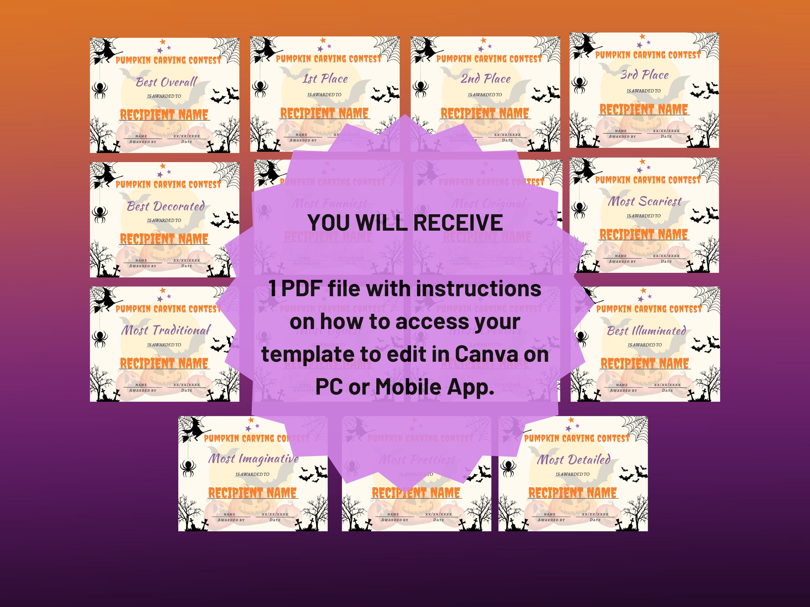 Editable Pumpkin Carving Contest Award Certificate Template, Halloween ...
