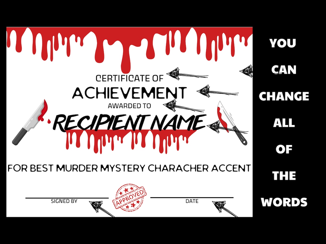 Editable Murder Mystery Award Certificate, Printable Achievement ...