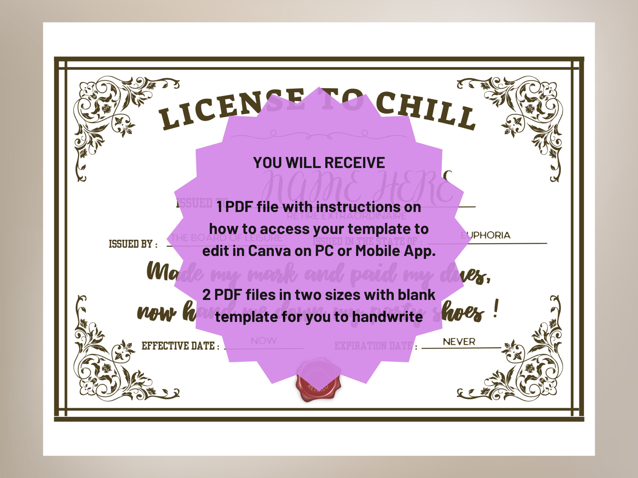 License to Chill Retirement Certificate Editable, Customizable ... License to Chill Retirement Certificate Editable, Customizable ...