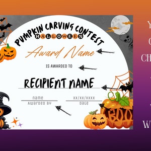 Editable Pumpkin Carving Contest Award Certificate Template, Halloween ...
