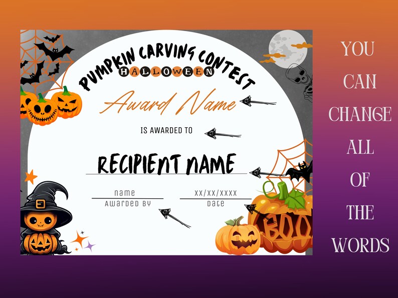 Editable Pumpkin Carving Contest Award Certificate, Halloween (digital ...