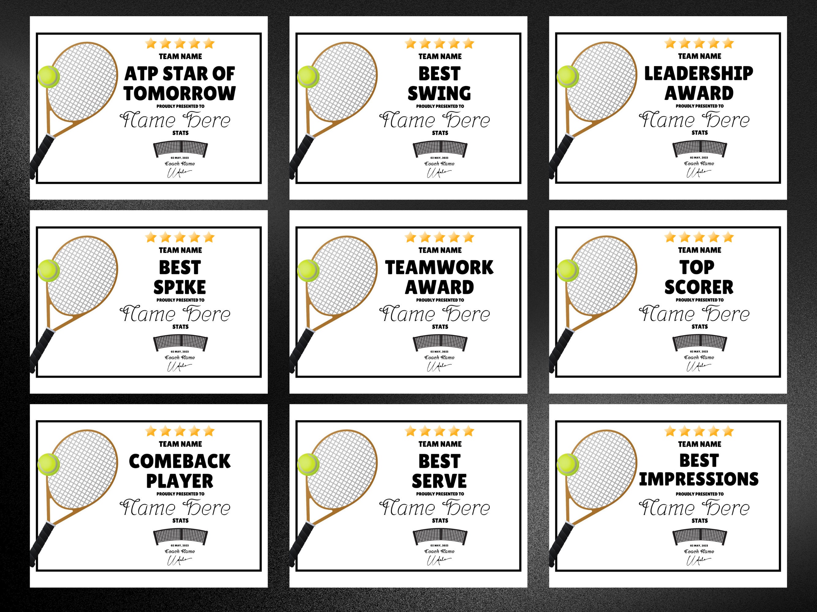 Editable Tennis Award Certificate Template, Customizable Design for ...