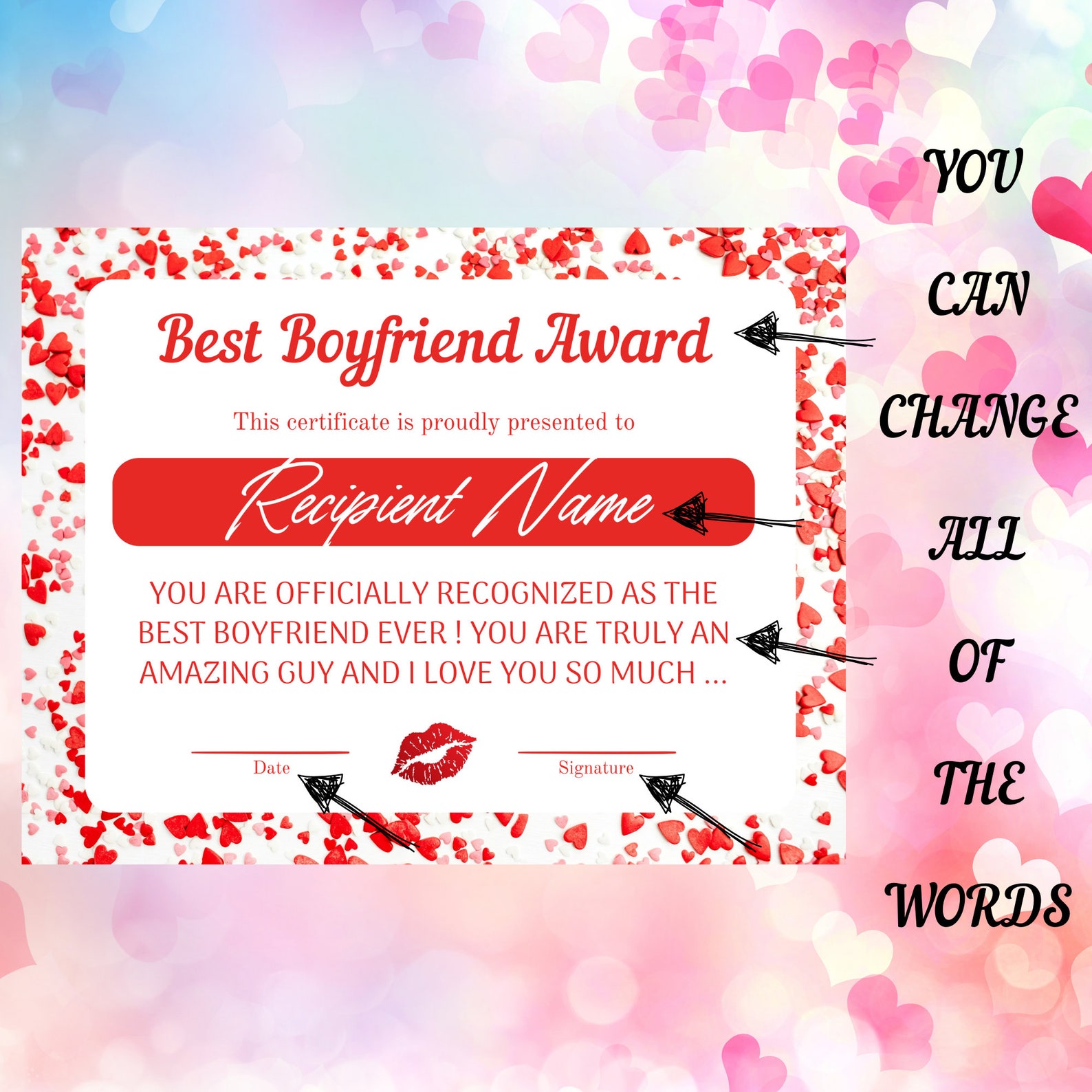 Editable Best Boyfriend Award Certificate Template, Valentines Day Best ...