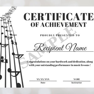 Music Achievement Editable Award Certificate Template, Personalized ...