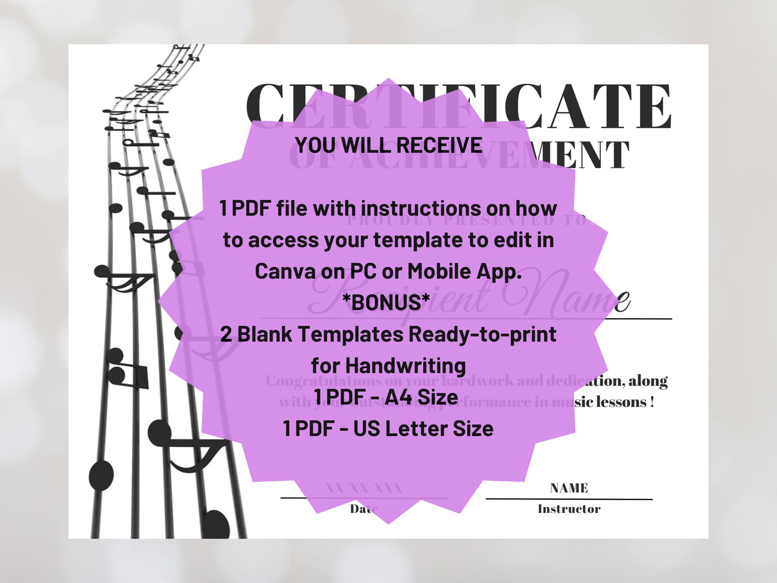 Music Achievement Editable Award Certificate Template, Personalized ...